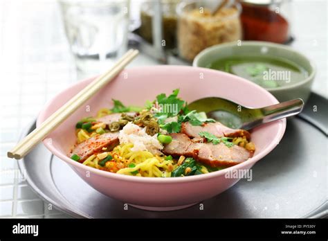 Bami Haeng Mu Daeng Egg Noodles Served With Roast Pork Thai Food