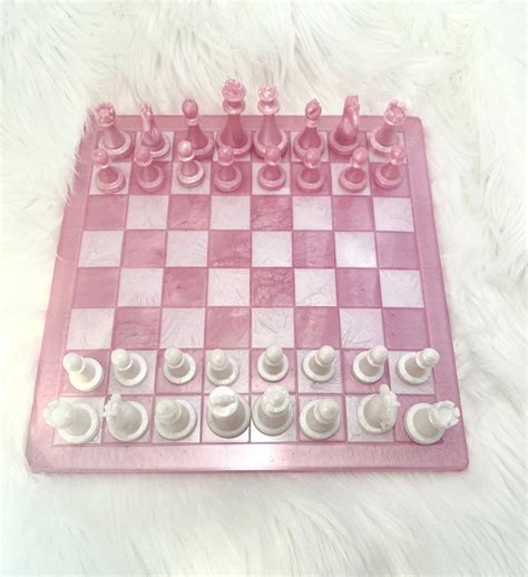 Pearlescent Pink And Pearl White Resin Chess Set Resin Chess Board Pink And White Chess Pink
