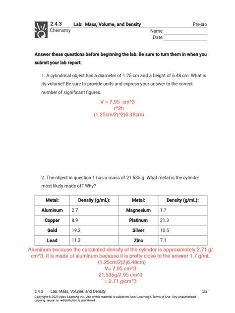 243 Lab Mass Volume And Density Pre Lab Download Free Pdf