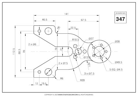 2d Cad Exercises 347 Studycadcam Autocad Cad Drawing Technical