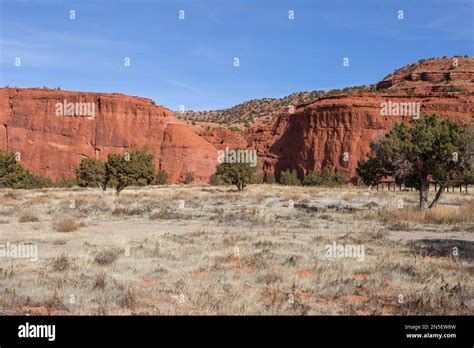 Open Grass Field Leading To Large Red Rock Cliff Face In Rural New