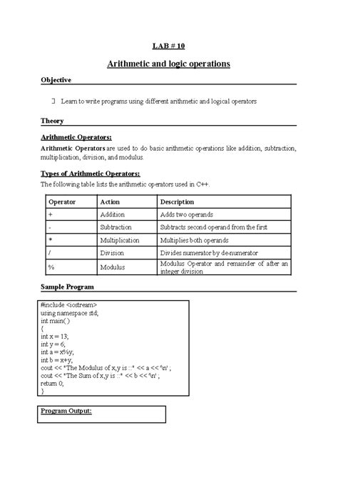C Lab 10 Arithmetic And Logic Operations Tutorial Studocu