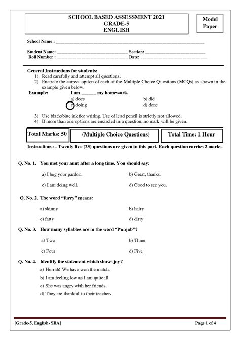 Solution English Grade 5 Model Paper Studypool