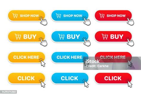 3d Click Here Web Buttons Set Of Action Button Hand Cursor And Arrow Pointing Click Link Buttons