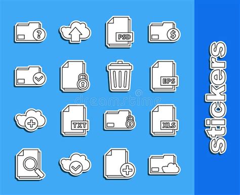 Set Line Cloud Storage Text Document Folder Xls File Eps Psd Document And Lock Check Mark