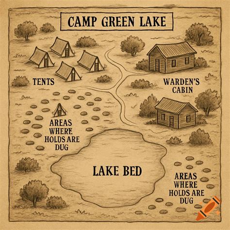 A Hand Drawn Map Of Camp Green Lake Showing Tents Cabins A Lake And