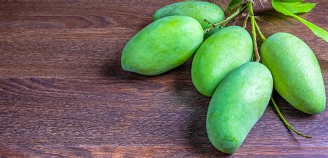 Fresh Green Mango And Green Leaf In The Basket Group Of Raw Mangoes Organic On Brown Wooden