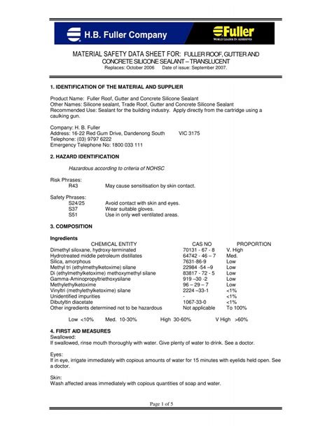 Material Safety Data Sheet For Fuller Roof Gutter And All Fasteners