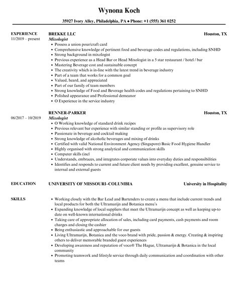 Mixologist Resume Samples Velvet Jobs