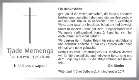 Traueranzeigen Von Tjade Memenga Nordwest Trauerde