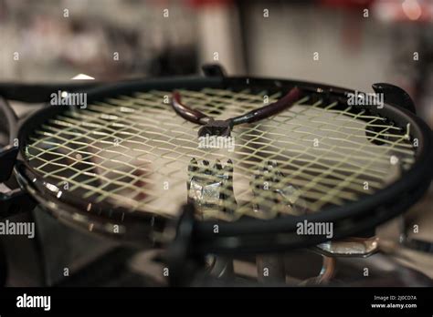 racket stringing detail of tennis racket in the stringing machine