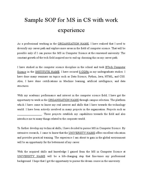 Sample Sop For Ms In Cs With Work Experience E65a326956 Pdf
