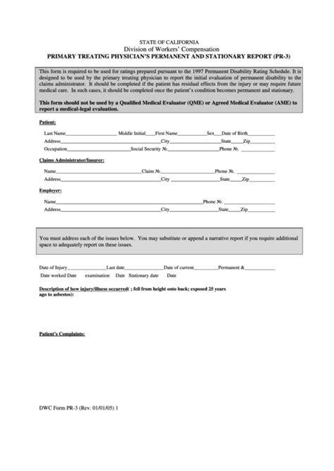 Form Pr 3 Primary Treating Physicians Permanent And Stationary