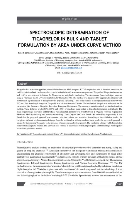 Pdf Spectroscopic Determination Of Ticagrelor In Bulk And Tablet
