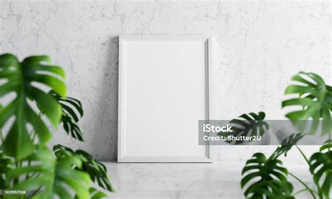 콘크리트 배경에 스위스 치즈 식물 전경이있는 흰색 대리석 테이블에 빈 사진 프레임 모형 예술 및 실내 가정 장식 개념 3d 그림