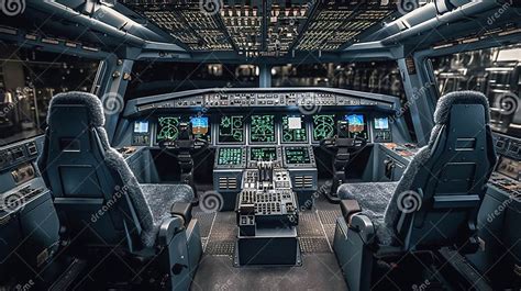 Cockpit Of Plane Inside View Airplane Flight Deck At Night Airport Generative Ai Stock
