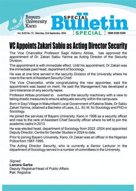Buk Vc Appoints Zakari Sabiu As Acting Director Security School Gist