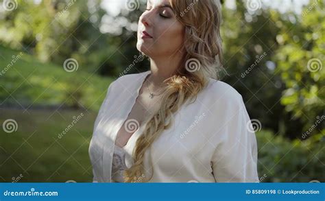 Cute Young Blonde Woman With Big Breast In Lingerie Touching Face And