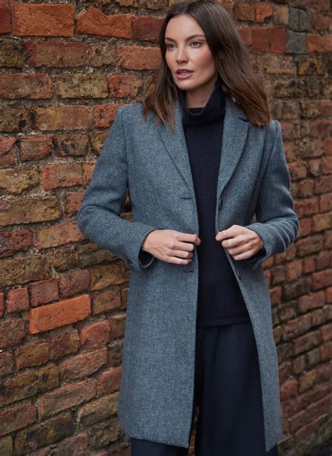 Irish Tweed Mid Length Coat In Blue Herringbone Blarney