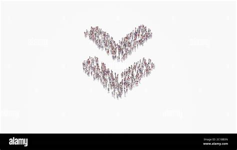 3d Rendering Of Crowd Of Different People In Shape Of Thick Symbol Of Angle Double Arrow Down