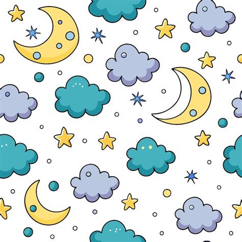 Cute Night Sky Pattern Moon Stars And Clouds Design Premium Ai