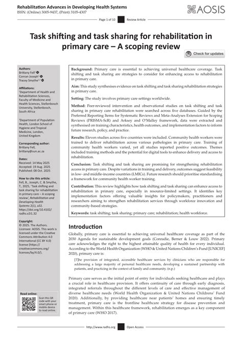 Pdf Task Shifting And Task Sharing For Rehabilitation In Primary Care