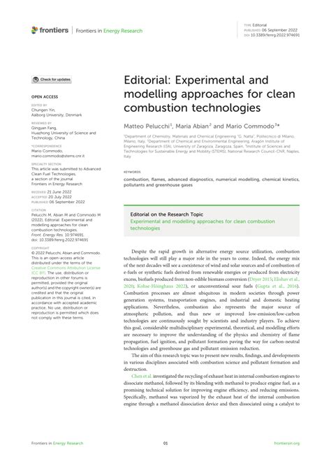 Pdf Editorial Experimental And Modelling Approaches For Clean Combustion Technologies