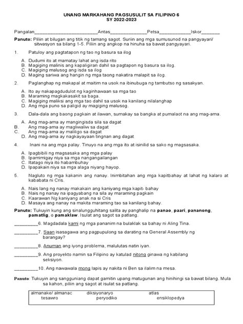 Unang Markahan Pagsusulit Sa Filipino 6 At Tos Pdf