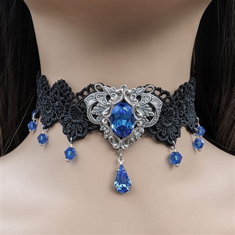 Vintage Sapphire Choker Necklace Made With Swarovski Crystals Gothic