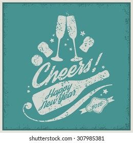 Silhouettes Bottle Champagne Glasses Stars English Stock Vector