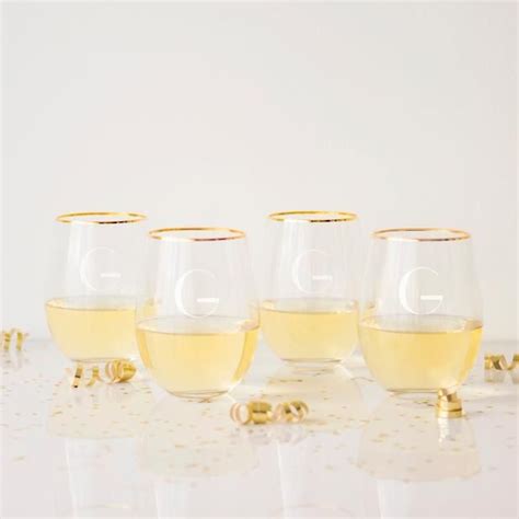 Personalized Gold Rim Stemless Wine Glasses Set Of Four Grandin Road