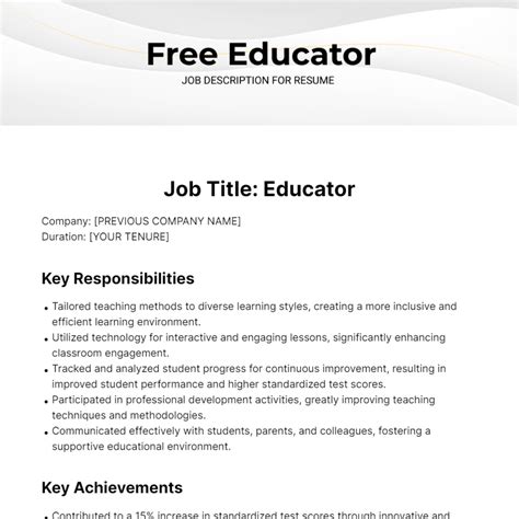 Free Educator Job Description For Resume Template To Edit Online