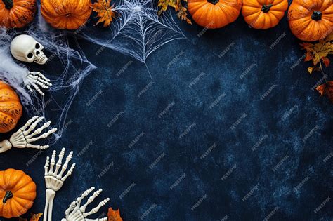 Dark Blue Textured Background With Halloween Decorations Top View Space
