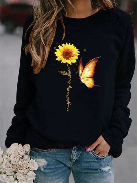 Casual Long Sleeve Printed Tops Anniecloth 해바라기 나비 여성 의류