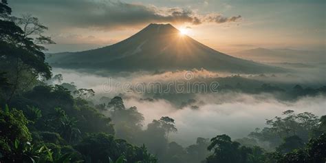 Sunrise Over A Misty Jungle With Volcano Stock Image Image Of Mounting Solar 371627689