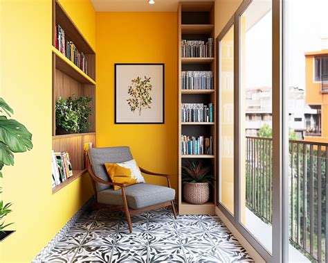 Balcony Design With Bohemian Yellow Walls Built In Wooden Bookshelves