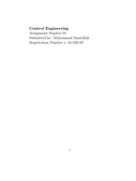 Control Engineering Assignment Number 01 Submitted By Muhammad Samiullah Registration Number 16