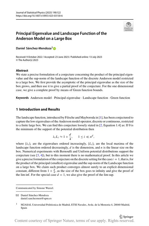 Pdf Principal Eigenvalue And Landscape Function Of The Anderson Model