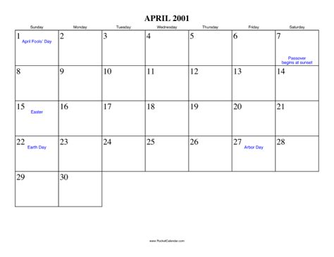 April 2001 Calendar