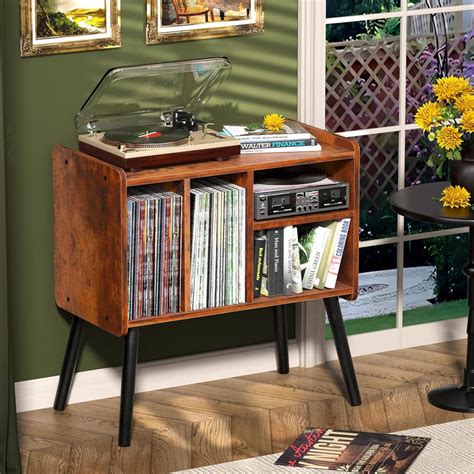 Vinyl Record Player Stand Mid Century Turntable Table With Storage