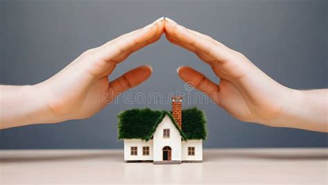 Hands Forming Protective Arch Over Model House With Green Roof Stock Illustration Illustration