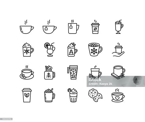 겨울 음료 플랫 라인 아이콘 세트 차 마시멜로를 곁들인 코코아 겨울 온난화 음료 따뜻한 카푸치노와 라떼 컵 웹 사이트 또는 모바일 앱에 대한 간단한 평면 벡터 그림 아이콘에