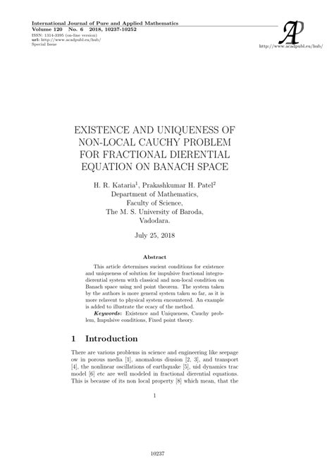 Pdf Existence And Uniqueness Of Non Local Cauchy Problem For Fractional Dierential Equation On