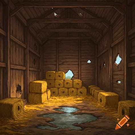 Pixel Art Of An Abandoned Barn Interior With Hay Bales And A Puddle On