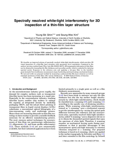 Pdf Spectrally Resolved White Light Interferometry For 3d Inspection Of A Thin Film Layer