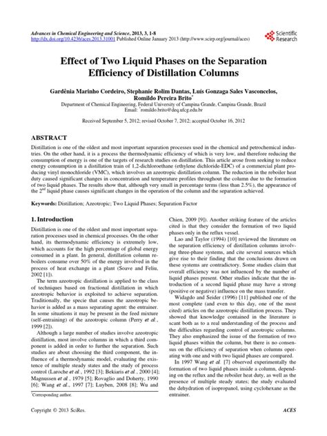 Effect Of Two Liquid Phases On The Separation Efficiency Of Distillation Columns Pdf