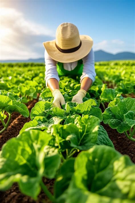 Gardener Working In Vibrant Field Of Cabbage Plants Lush Green Setting