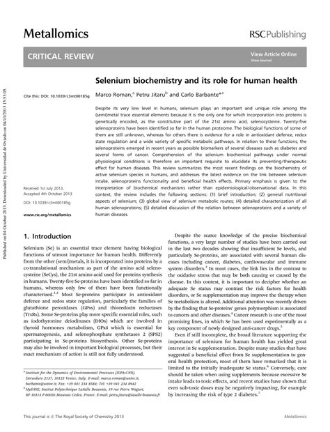 Pdf Selenium Biochemistry And Its Role For Human Health