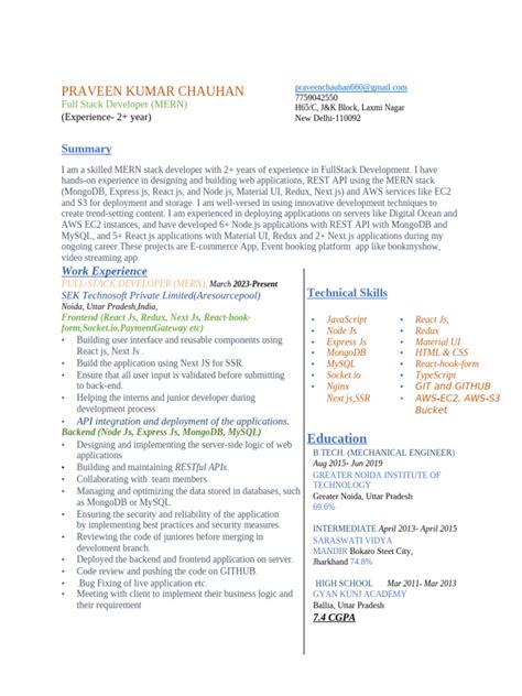 Praveen Experience 2 Years Mern Stack Developer Pdf Computing