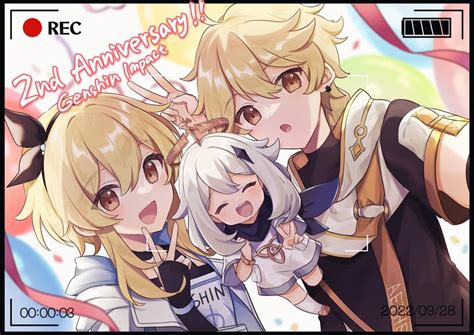 Lumine Aether And Paimon Genshin Impact Drawn By Shirase Shirose